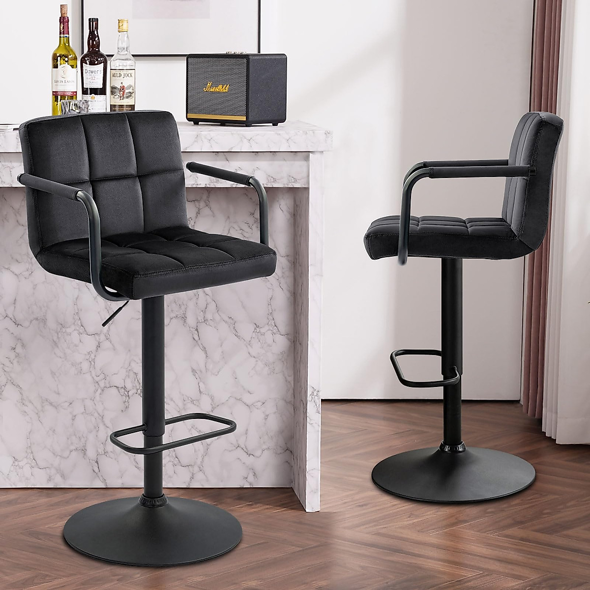 Furnimart Adjustable Bar Stool Swivel Barstools Set of 2 Counter Stools with Armrest and Footrest Upholstered Bar Chairs for Kitchen and Dining Room (Velvet-Black)