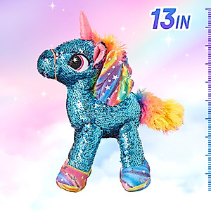 Athoinsu 13'' Blue Flip Sequin Unicorn Stuffed Animal Plush Toy with Reversible Glitter Sequins Sparkle Birthday Children's Day Christmas Valentine's Day Gifts for Kids Toddlers