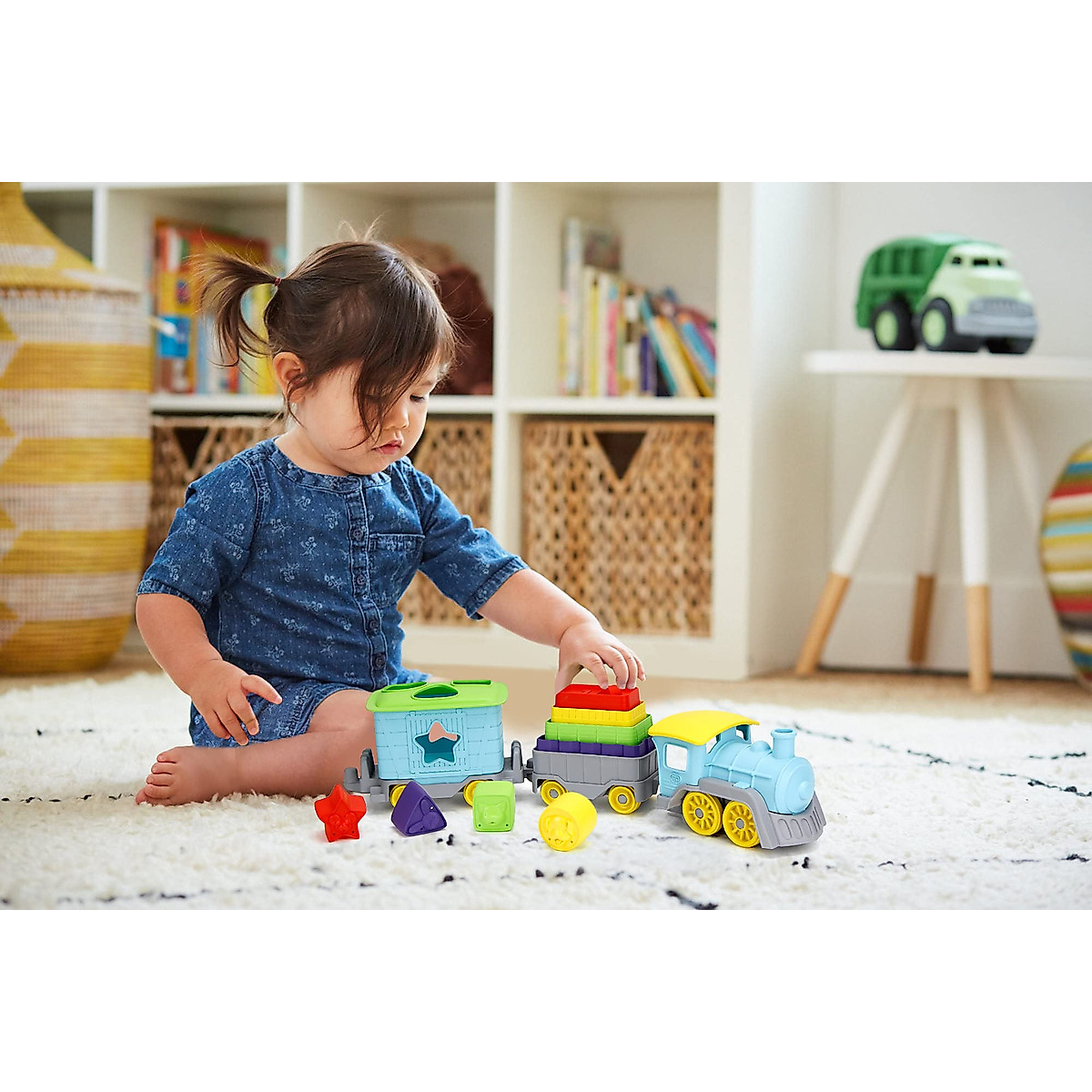 Green Toys Stack & Sort Train, Blue - 12 Piece Pretend Play, Motor Skills, Kids Toy Vehicle Playset. No BPA, phthalates, PVC. Dishwasher Safe, Recycled Plastic, Made in USA.