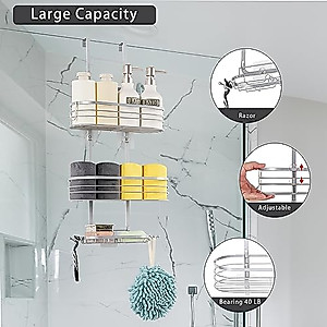 HEOMU Bathroom Over the Door Shower Caddy, Shower Organizer Shelves with 4 Hooks, Rustproof & Waterproof Shower Storage Rack for Shampoo, Conditioner, Soap, Bath Sponge, Silver