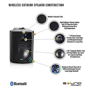 Sound Appeal Wireless Outdoor Speakers, 6.5" Bluetooth Weatherproof Speakers for Deck Patio Backyard, Pair (Black)
