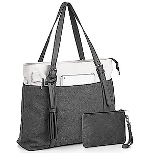 Tote Bag with Zipper for Women,Laptop Tote Purse with Cup Holder & Compartments for Work Travel Nurse Teacher College,Bolso para Mujer,Canvas,Gray