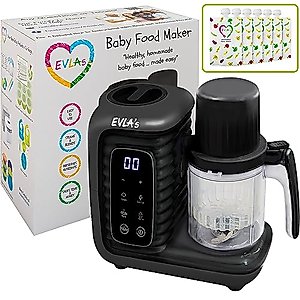 EVLA'S Double Baby Food Maker, Food Processor with 2 Steaming Baskets, Blender, Grinder, Steamer, Cooks & Blends Healthy Homemade Baby Food in Minutes, Touch Screen Control, with 6 reusable food pouches, Dark Gray