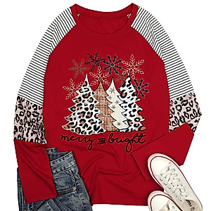 Christmas T Shirt Womens Merry and Bright Shirt Xmas Leopard Print Tree T-Shirt Holiday Graphic Tee Tops (Red, XX-Large)