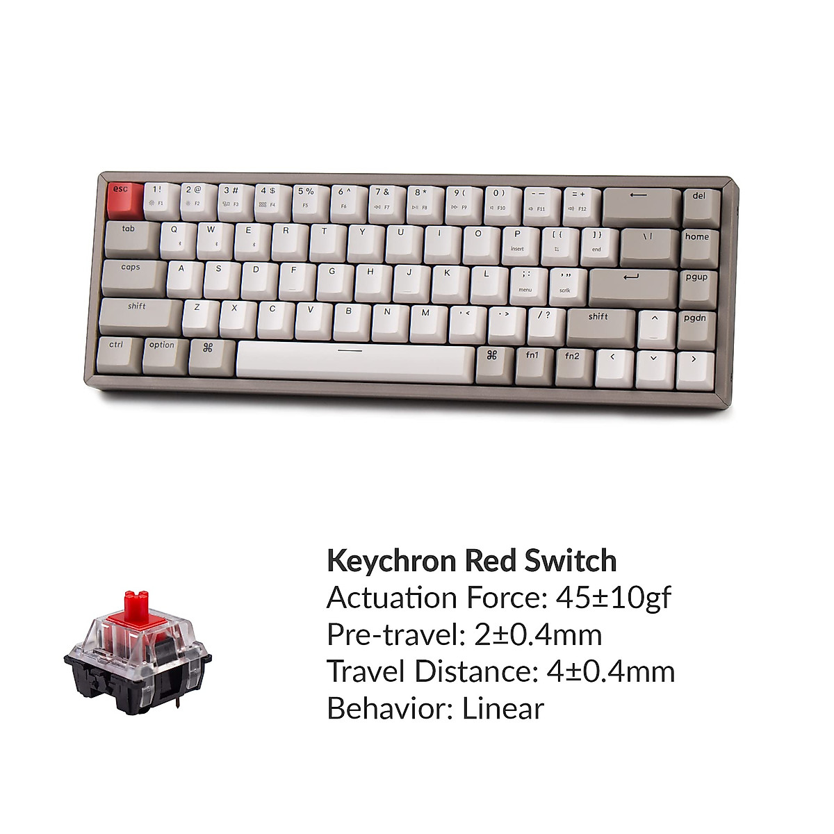 Keychron K6 68-Keys Hot-Swappable Wireless Mechanical Keyboard for Mac, 65% Compact, Bluetooth, Aluminum Frame, Wired Gaming Keyboard for Windows Non-Backlit with Keychron Red Switch