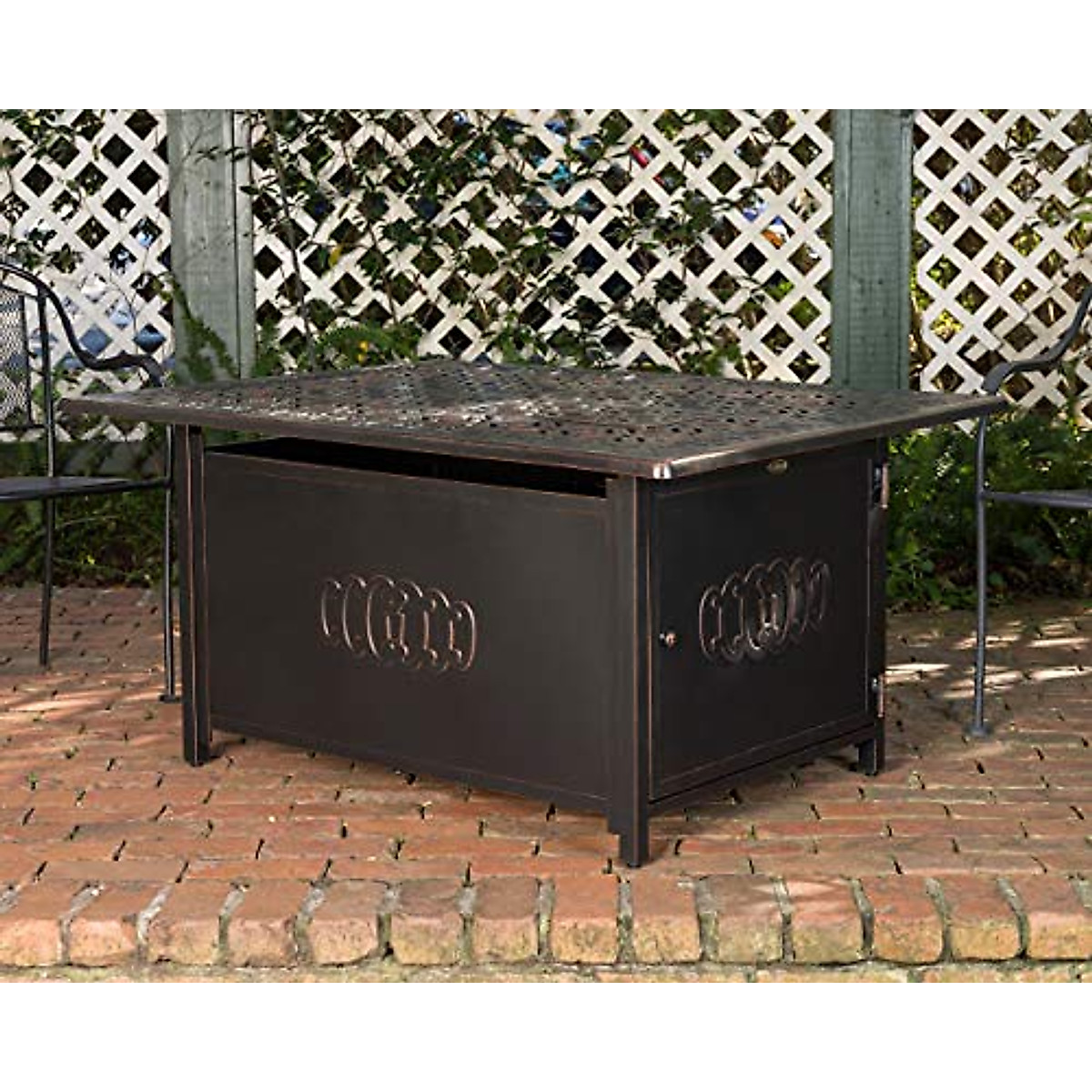 Fire Sense 62743 Dynasty Art Deco Aluminum Convertible Gas Fire Pit Table 55000 BTU Multi-Functional Outdoor Firepit with Fire Bowl Lid, Nylon Cover & Clear Fire Glass Bronze Finish - Rectangular 48"