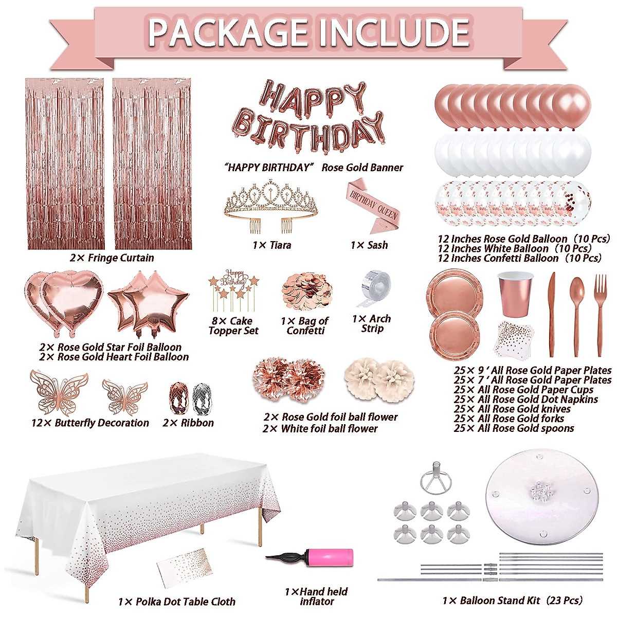 Guudmua 285 Pcs Rose Gold Party Decorations, Birthday Decorations For Women Or Girl - Knives, Forks and Spoons, Tiara, Butterfly, Sash, Paper Pom Poms, Balloon Stand, Tableware For 25 Guests