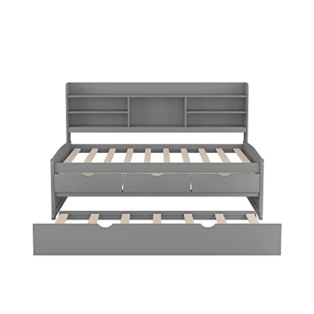 SOFTSEA Twin Size Daybed with Bookcase Headboard, Twin Captains Bed with Trundle and Storage Drawers, Wood Captains Bed with Slats Support for Kids Guests, Gray