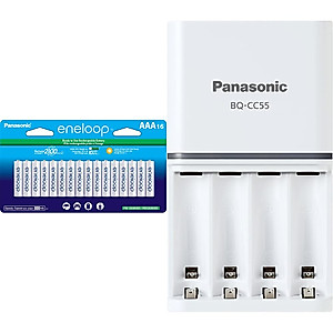 Eneloop Panasonic AAA 2100 Cycle Ni-MH Pre-Charged Rechargeable Batteries, 16 Pack & BQ-CC55SBA Advanced Individual Battery 3 Hour Quick Charger with 4 LED Charge Indicator Lights, White