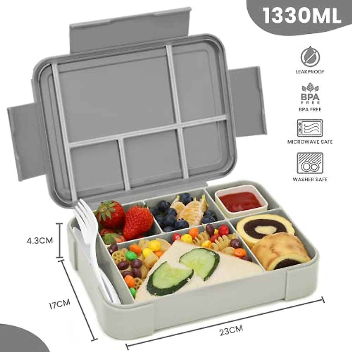 Bugucat Bento Box Adult Lunch Box, 45 OZ Leak-Proof Lunch Containers for Adults with 6 Compartments Cutlery Suitable for Microwave Dishwasher, Versatile Bento Box for Kids Adults Teens
