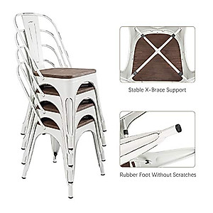 Furniwell Metal Dining Chairs with Wood Seat, Indoor Outdoor Use Stackable Tolix Industrial Metal Chairs Set of 4 for Kitchen, Dining Room, Bistro and Cafe (White)