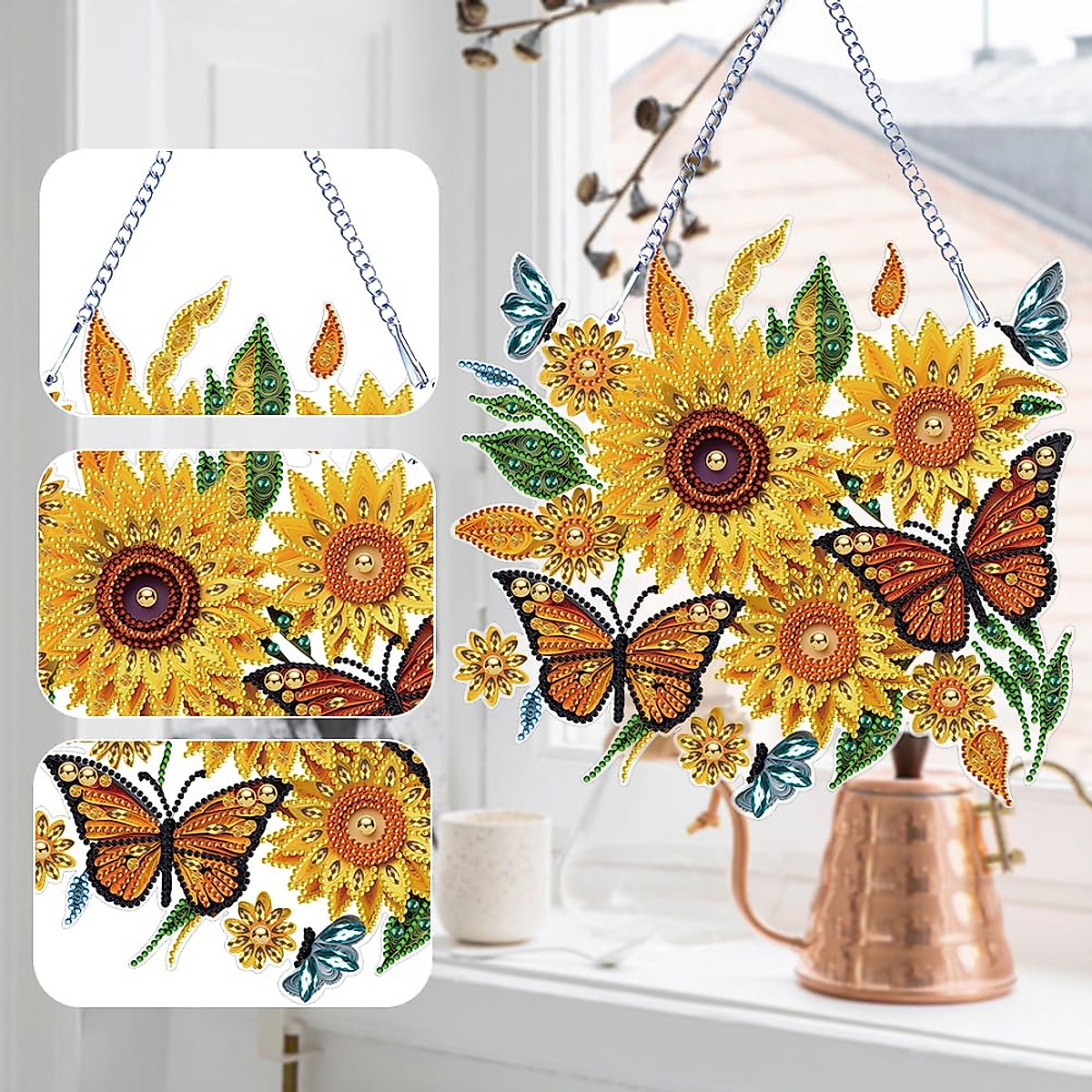 AZURAOKEY Sunflower Diamond Art Kits Hanging Sign Special Shaped Diamond Dots Art Acrylic Ornaments Flower Diamond Art Kits Pendant for Adult Kid Home Wall Window Decor Gift