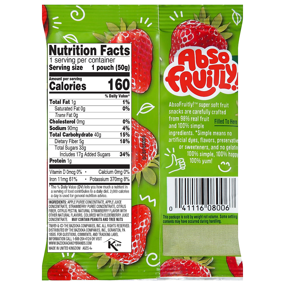 Absofruitly! 98% Real Fruit Snacks, Deliciously Sweet, Soft, & Chewy - Plant Based Healthy Snacks - Individually Wrapped Gummy Snacks for Kids, 6 Large Fruit Snack Bags (1.8oz each)