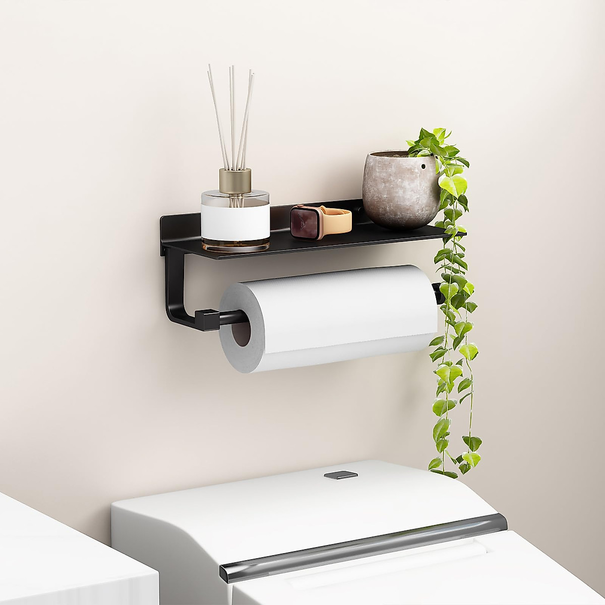 Danpoo Black Paper Towel Holder Wall Mount for Kitchen, Bathroom Paper Towel Holder with Shelf, Aluminum(Matte Black)