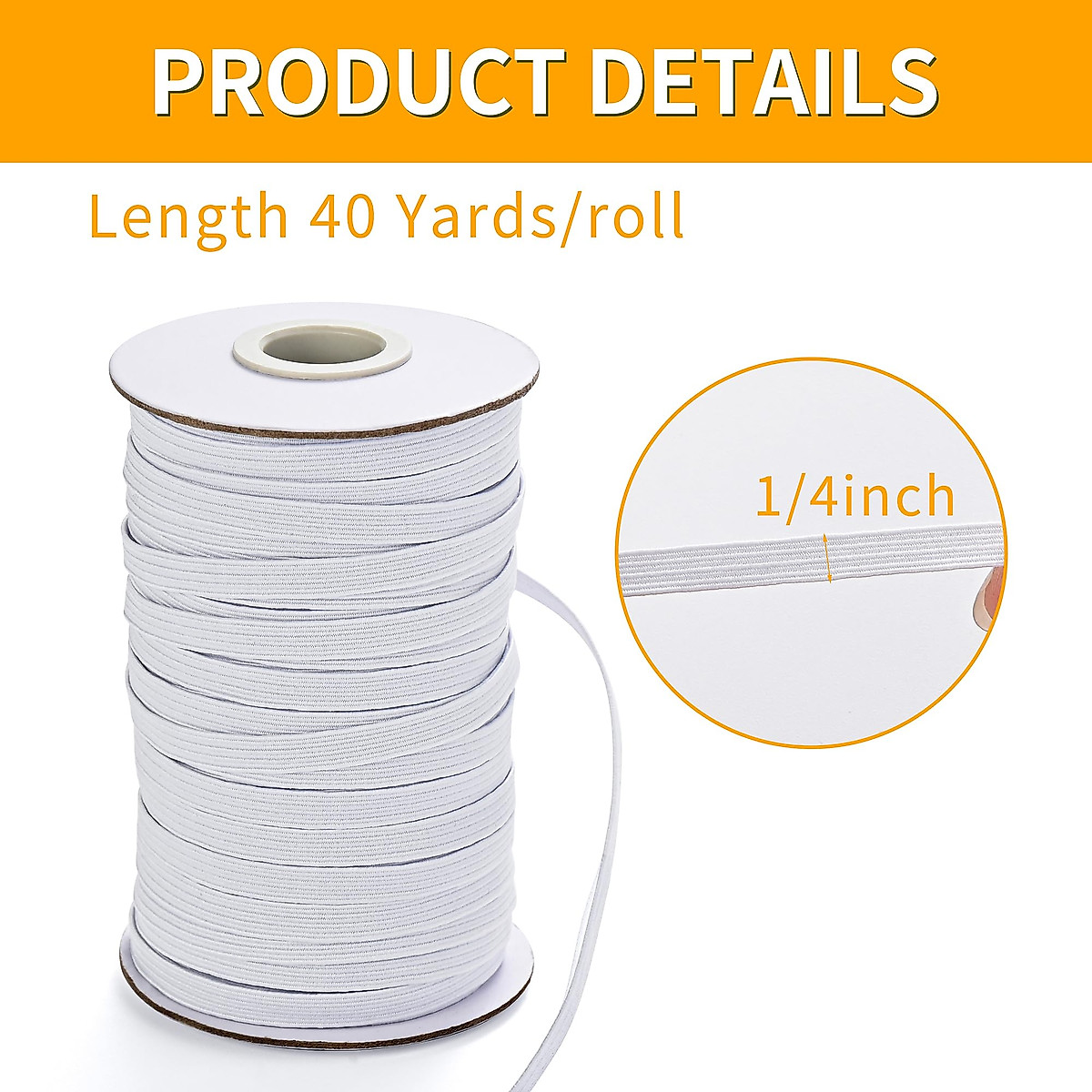 XKDOUS Elastic Band for Sewing, 1/4 Inch 40 Yards White Knit Elastic Bands High Elastic Cord for Sewing Waistband and Pants Waist