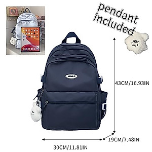 VTTDB Kawaii Backpack with Cute Accessories Casual Aesthetic Daypack Simple Laptop Bag Waterproof Travel Rucksack for Women (dark blue)