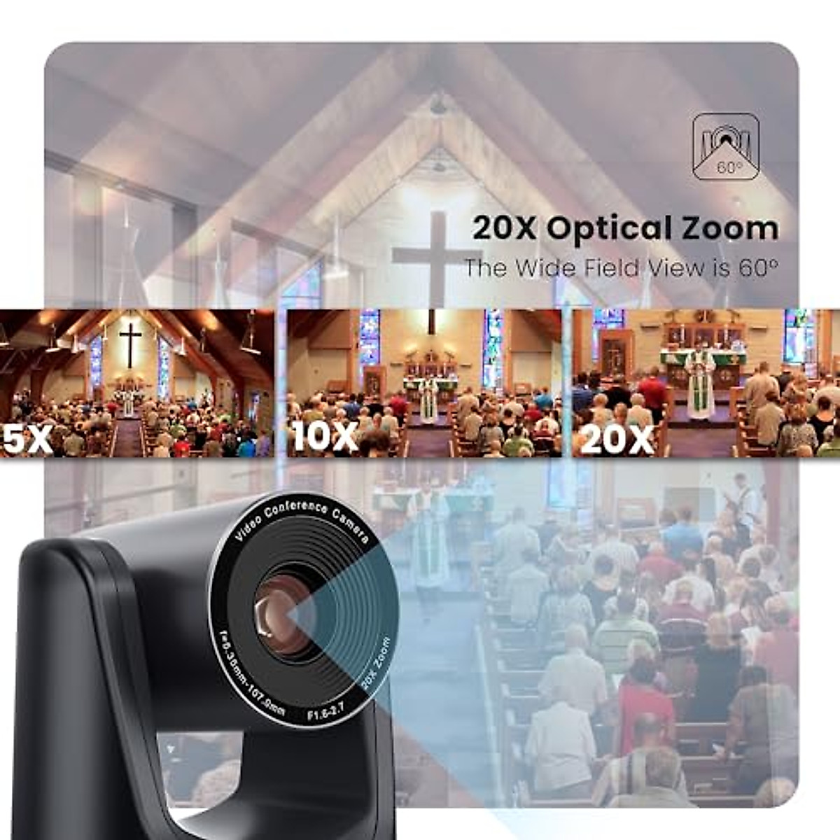 TONGVEO 20X Optical Zoom 60fps PTZ Camera Conference Room USB 1080P Camera System for Church Worship Services Meeting Online Learn, Works with Zoom, Skype OBS Easy to Set Up