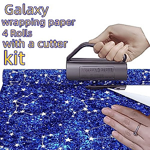 THMORT Galaxy Birthday Wrapping Paper Roll with a Cutter Kit for Boys&Girls,Adults,Kids.17 Inch X 120 Inch Gift Wrapping Paper Galaxy Happy Birthday lettering 4 Rolls.