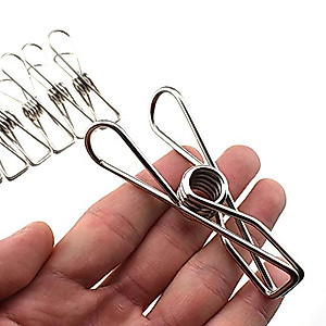 HAHIYO Clothespins Chip Clips All Metal Stainless Steel No Rust Stains Strong Grip in Heavy Wind 3.4 Inches 14 Pack Extra Large Do Not Fall Apart Open Wide for Holding Clothes Snack Bag Clamps