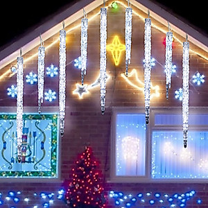 Christmas Icicle Lights with Clips, 10 Tubes 50 LED 15" LED Crystal Ice Falling String Lights, 36 Sets Connectable Waterproof Hanging Christmas Lights Plug in for Winter Roof Holiday Outdoor Decor
