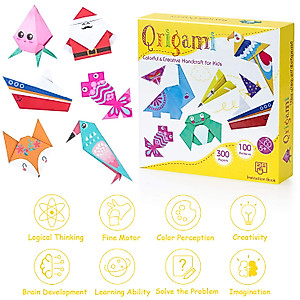 Origami Paper for Kids, 300 Sheets Colorful Origami Paper Kit 5.5Inch, 100 Origami Projects & Easy Origami Book Origami Kit for Kids, Creativity Training & Brain Development Origami Set for Kids