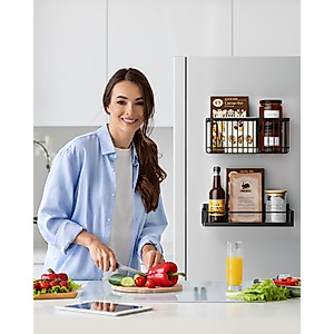 ALLZONE Magnetic Spice Rack for Refrigerator, 5 Pack Fridge Spice Organizer, Strong Magnet Shelf with Wrap Rack and Utensil Hook, Removable Side Fridge Storage Rack for Kitchen