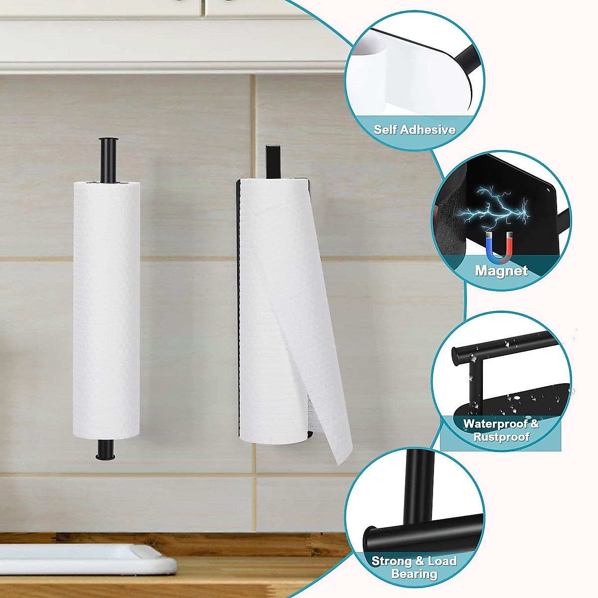 ABQ Paper Towel Holder Under Cabinet 2 Pack, Self Adhesive and Magnetic Paper Towel Holder Wall Mount, Towel Bar for Kitchen Bathroom RV Refrigerator, Black