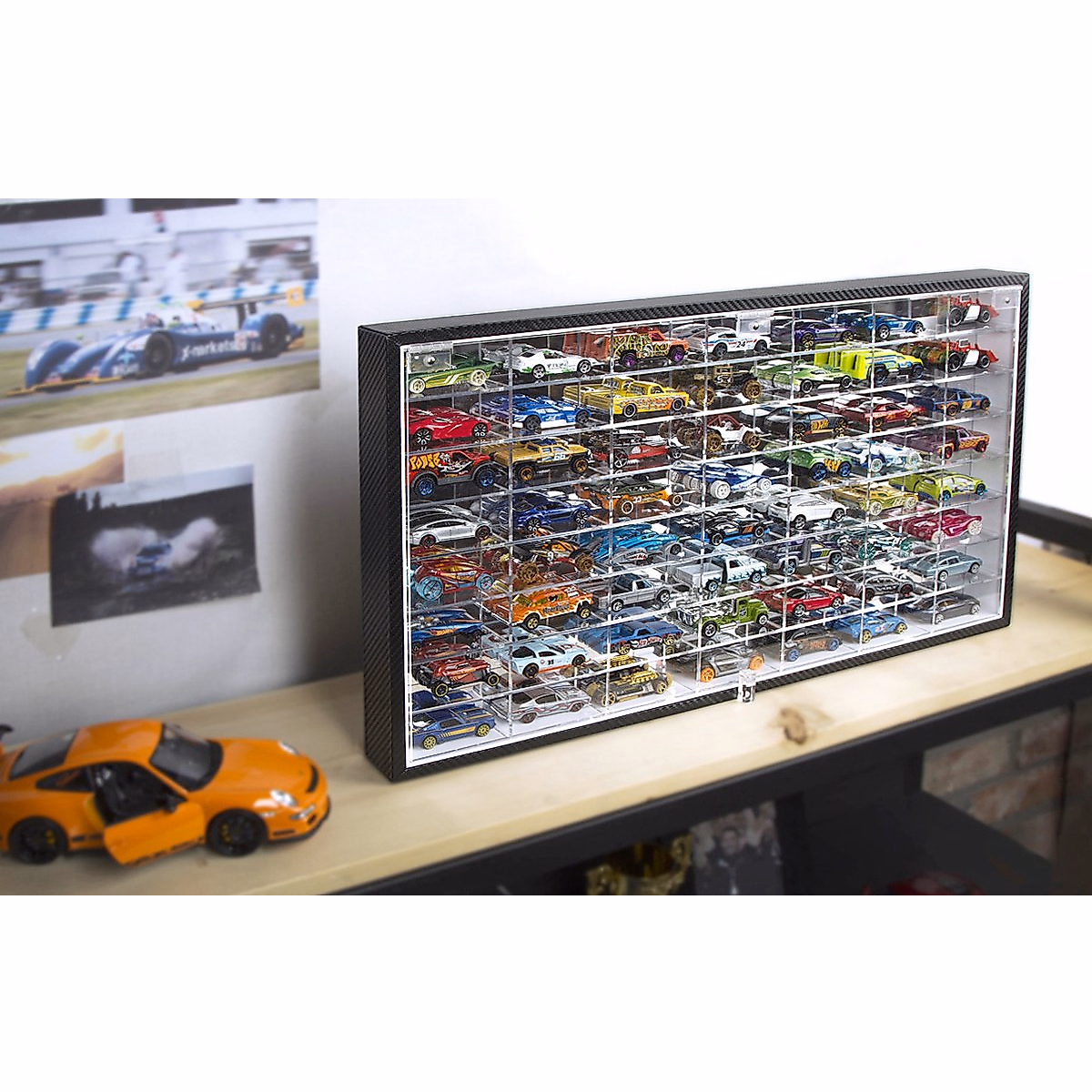 JACKCUBE Design Hot Wheels 1/64 Scale Diecast Display Case Storage Cabinet Shelf Wall Mount Rack for 56 Hot Wheels(Black, 24.61 x 13.78 x 2.05 inches)-MK184