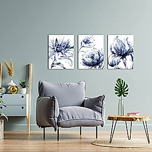 HOMEOART Blue Flower Picture Wall Decor Floral Canvas Print Bathroom Decor Wall Art Blue Elegant Flower Art Print Framed Ready to Hang (12x16inchx3 Pieces)