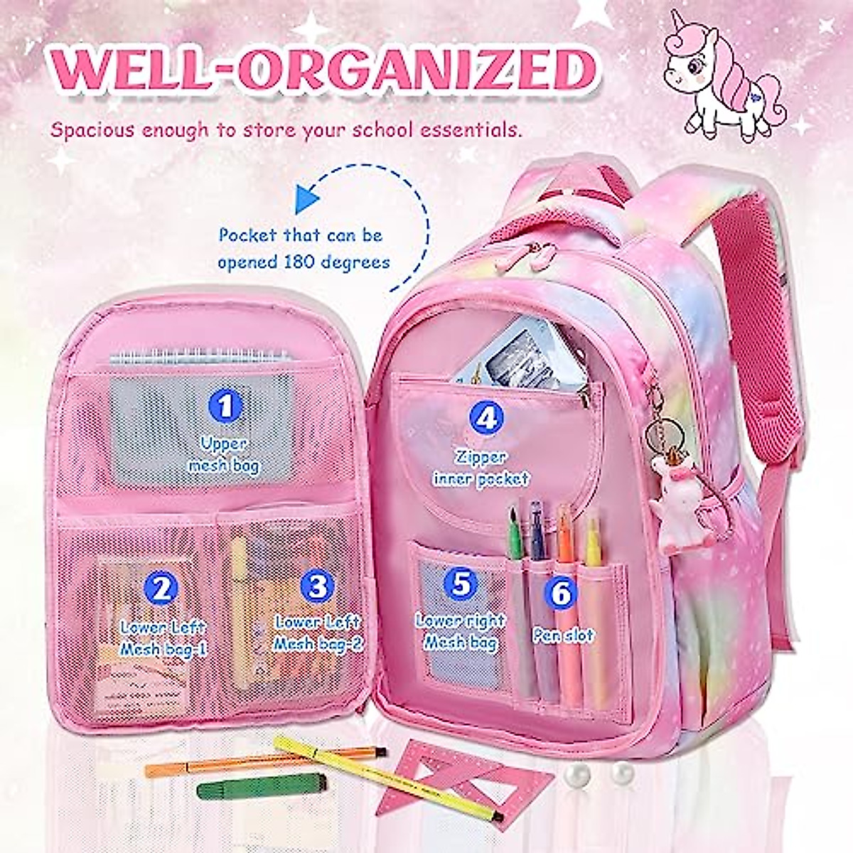 PIG PIG GIRL Girls Backpack, Functional Pockets Kids Backpack Kawaii Lightweight School Backpack Watrer Resistant Book Bag with Unicorn Pendant for Primary Elementary School,Pink