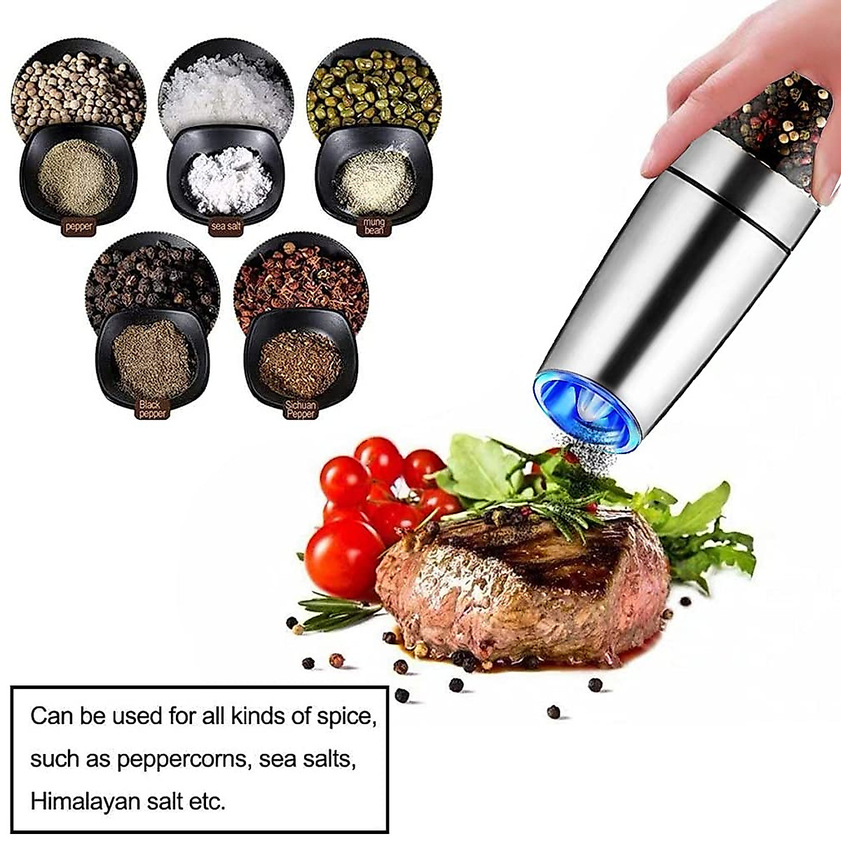 Premium Gravity Electric Salt and Pepper Grinder Set of 2, Automatic One Hand Pepper Mills with LED Light, Automatic Pepper and Salt Mill Grinder Battery-Operated with Adjustable Coarseness