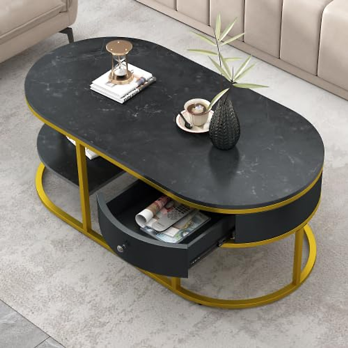 Wekity Modern Marble Golden Coffee Table, Metal Frame with Drawers & Shelves Storage for Living Room (Black)