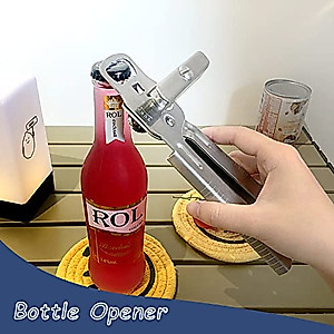 Can Opener Heavy Duty Stainless Steel Manual Can Opener Oversized Easy Turn Knob Sharp Cutting Wheel Good Grips with Built-in Bottle Opener