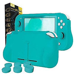 Orzly Grip Case for Nintendo Switch Lite – Case with Comfort Padded Hand Grips, Kickstand, & Pack of Thumb Grips - Turquoise Blue