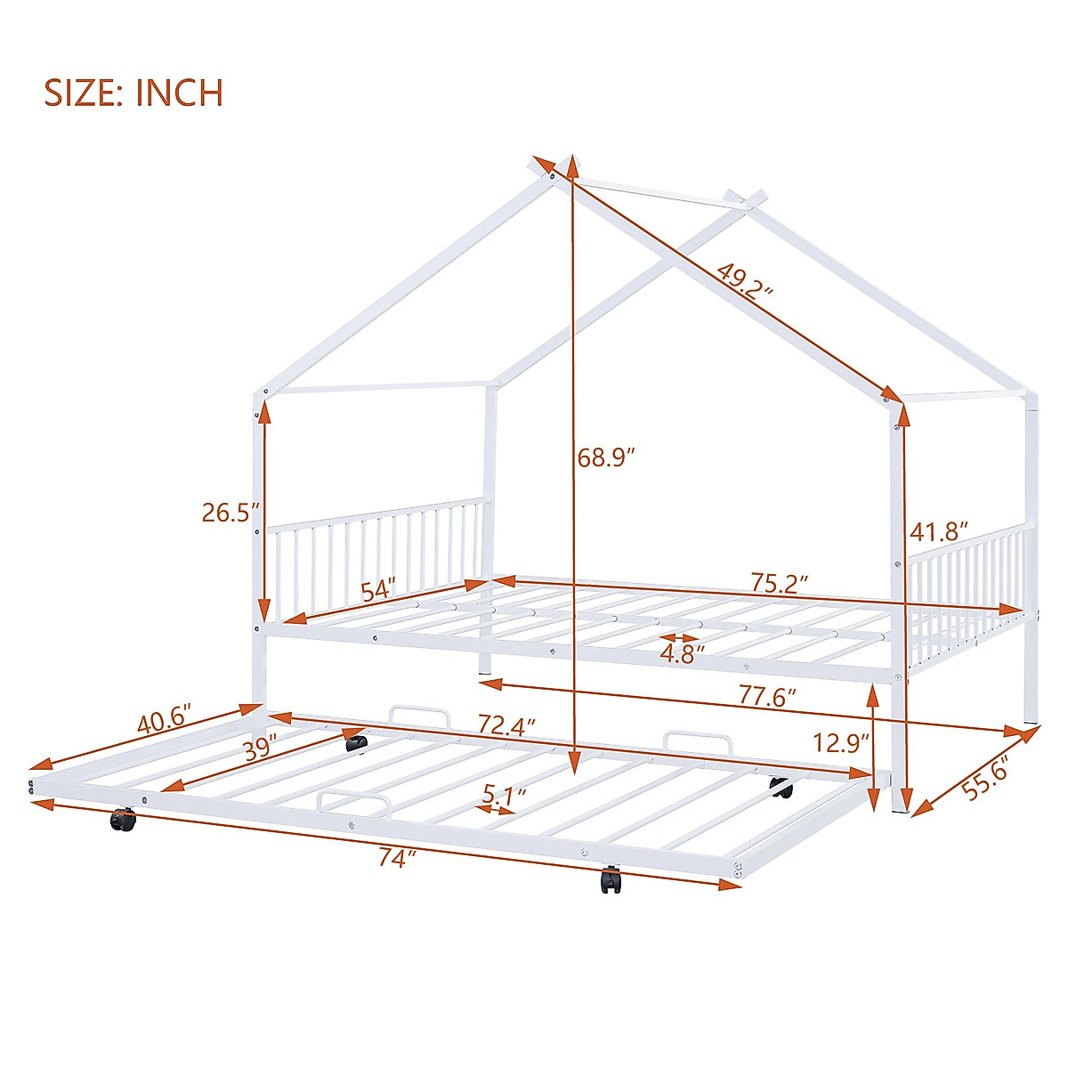 Metal House Bed for Kids, Full Size Bed Frame with Trundle Bed Twin, Kids Bed Frame with Headboard and Footboard, Full Size House Bed for Kids, Girls, Boys(Full White)