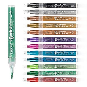 ZEYAR Acrylic Paint Pens, Brush Tip, Water based, Metallic Colors, Writes on Paper, Rock, Rubber, Ceramics, Wood, Glass and more (12 Metallic Colors)