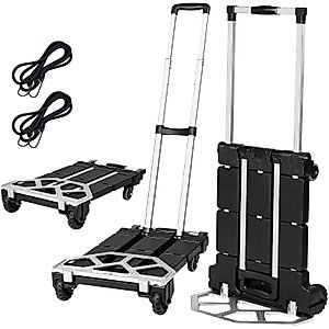 XCBYT Folding Hand Truck, 3 in 1 Foldable Hand Truck Heavy Duty 330 LB Portable Dolly Cart with 4 Wheels & 2 Elastic Ropes Convertible Hand Truck for Moving Office Home
