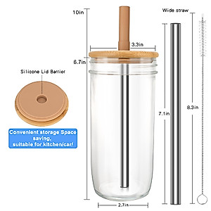 Hydraful 24 oz Glass Tumbler Cup with Bamboo Lid and Straw - 2 Pack, Mason Jar Tea Cup, Wide Mouth Glass Bottle for Smoothie, Iced Coffee, Juice, and Water, BPA Free, Dishwasher Safe