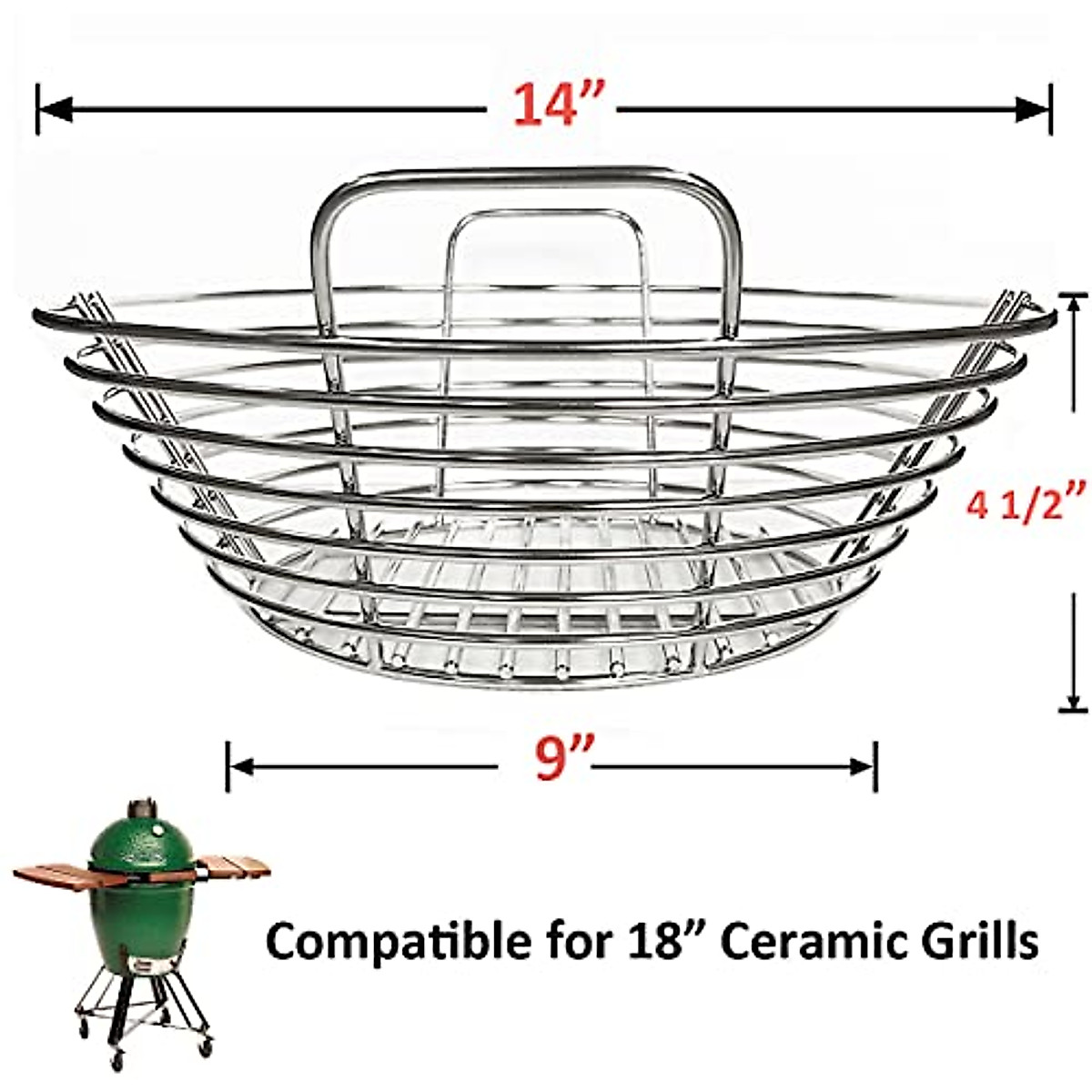 GRILLJOB Lump Charcoal Fire Basket with Divider Stainless Steel Grill Ash Baskets Fits 18" Big Green Egg Accessories, Kamado Joe Classic Large Green Egg Basket Replacement