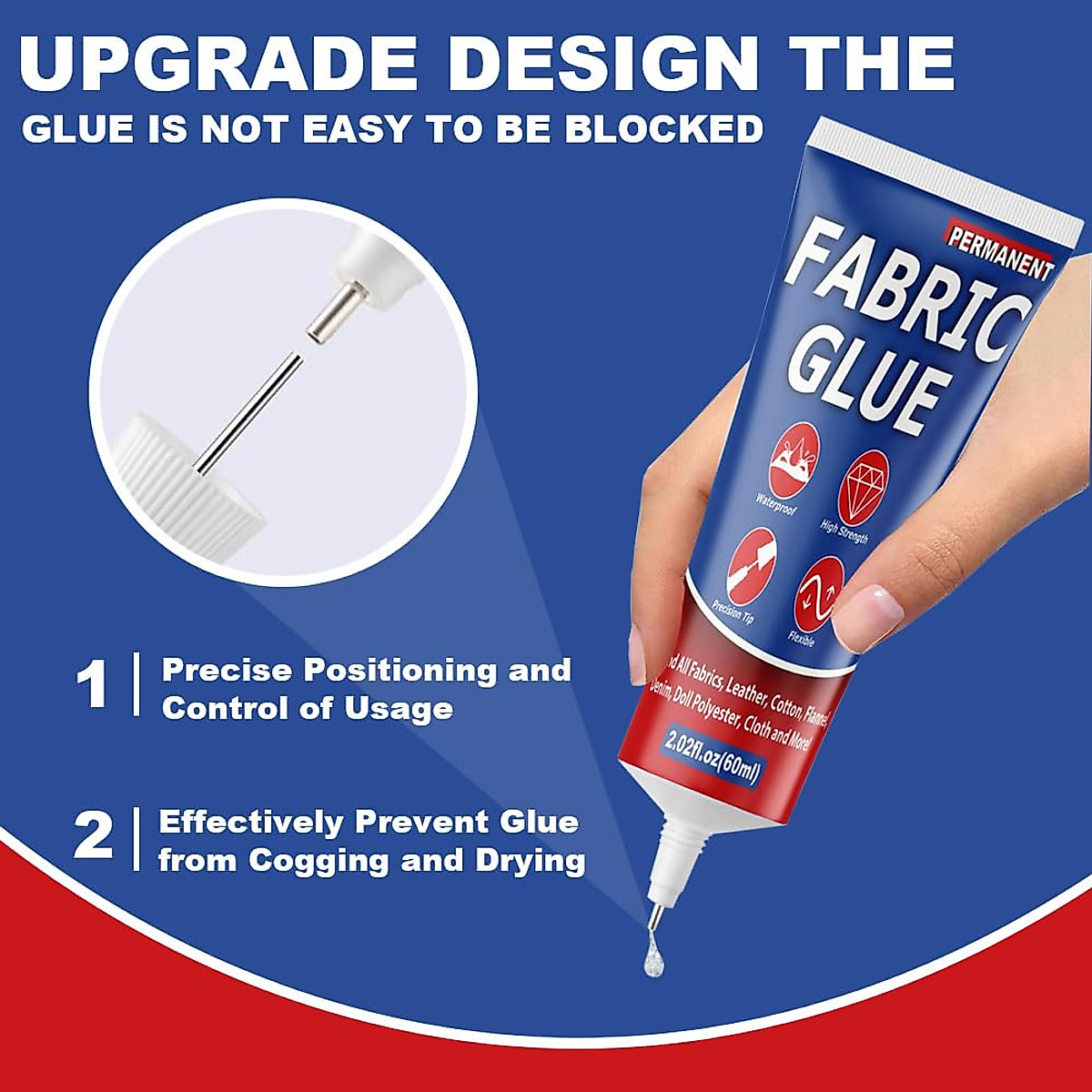 Fabric Glue, Fabric Glue Permanent, Fabric Glue for Clothing, 60ml Permanent Washable Fabric Clear Glue for Clothing Patches Tear Mender for All Fabrics Clothes Leather Cotton Flannel Denim Polyester