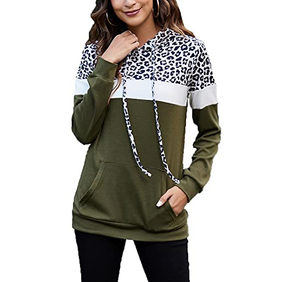Bluetime Women Pullover Sweatshirt with Pocket Color Block Long Sleeve Fall Tops Shirts Leopard Hoodies (XL, Leopard Olive Green)