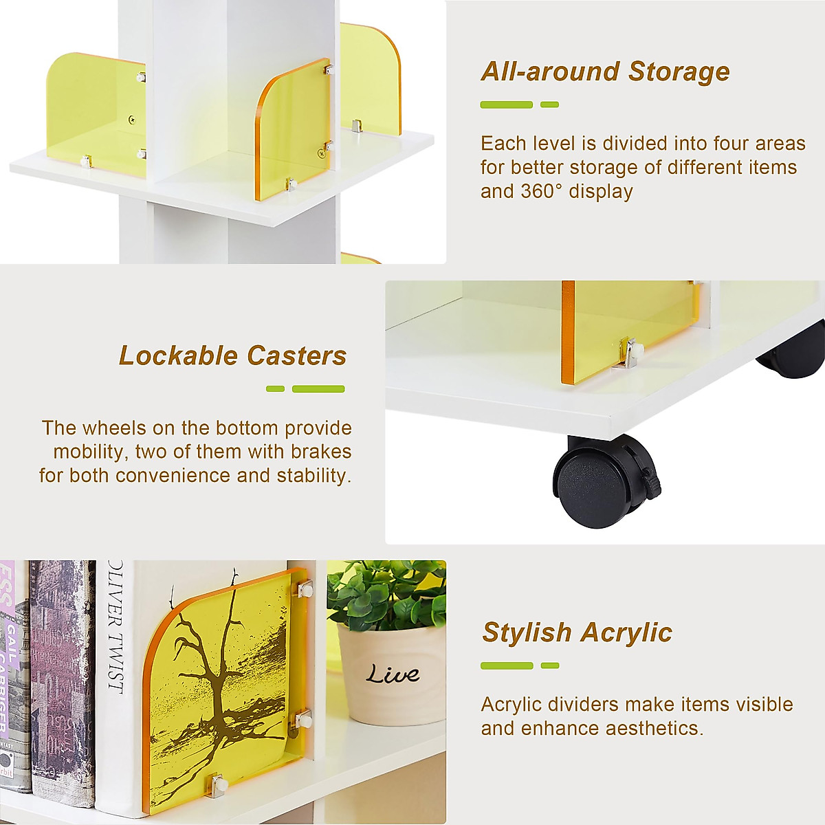 VECELO Rotating Bookshelf with Brake Wheels, 360°Display 4 Tier Floor Stackable Spinning-Bookshelf Tower for Kids&Adults, Revolving Bookcase for Small Space,Corner(White)