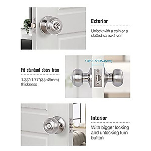 GITRANG Privacy Door Knobs Bedroom/Bathroom Doorknobs for Left and Right Opened Door with Lock Flat Ball Handle in Satin Nickel