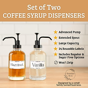 Coffee Syrup Dispenser with Pump, Set of 2, Coffee Bar Syrup Dispenser with Silicone Funnel, Glass Coffee Syrup Bottles for Coffee Bar, Black Syrup Pumps for Coffee Bar, Coffee Pumps for Syrup