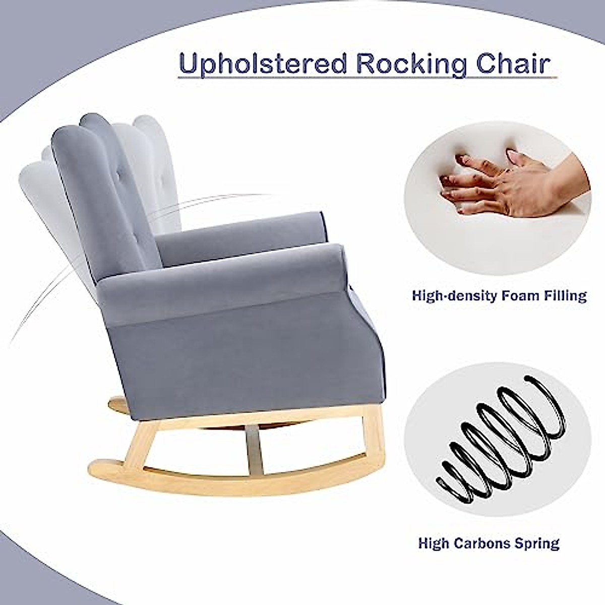 FurniTribe Nursery Rocking Chairs, Upholstered Velvet Nursery Glider Rocker with Comfy Armrest, Accent Nursing Rocking Chair with Solid Wood Legs for Baby Nursery (Gray)