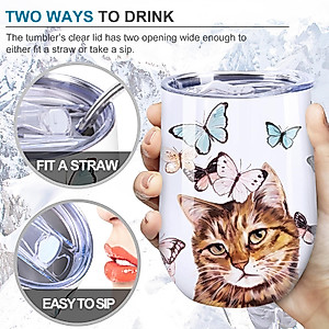 NymphFable 12oz Cat Cup Wine Tumbler With Straw And Lid Insulated Stemless Wine Glass Stainless Steel Double Wall