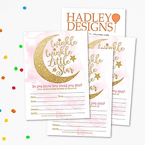 Hadley Designs 25 Twinkle Twinkle Girl Sprinkle Baby Shower Invitations For Girl, Coed Little Stars Gender Reveal Theme, Cute Moon Clouds DIY Fill In Blank Printable Card, Pink Gold Party Supplies