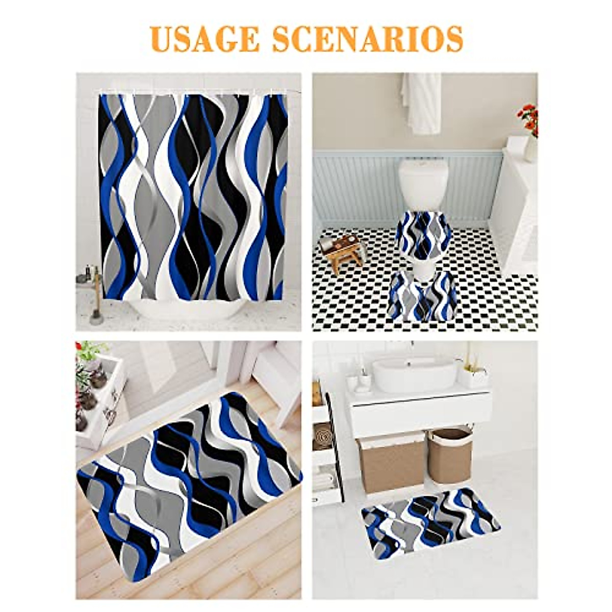 4 Pieces Blue Black Bathroom Set Grey and White Striped 72x72 inch Waterproof Lines Shower Curtain Set with Non-Slip Soft Geometric Rugs for Bathroom,Abstract Art Bath Mat and Toilet Lid Cover