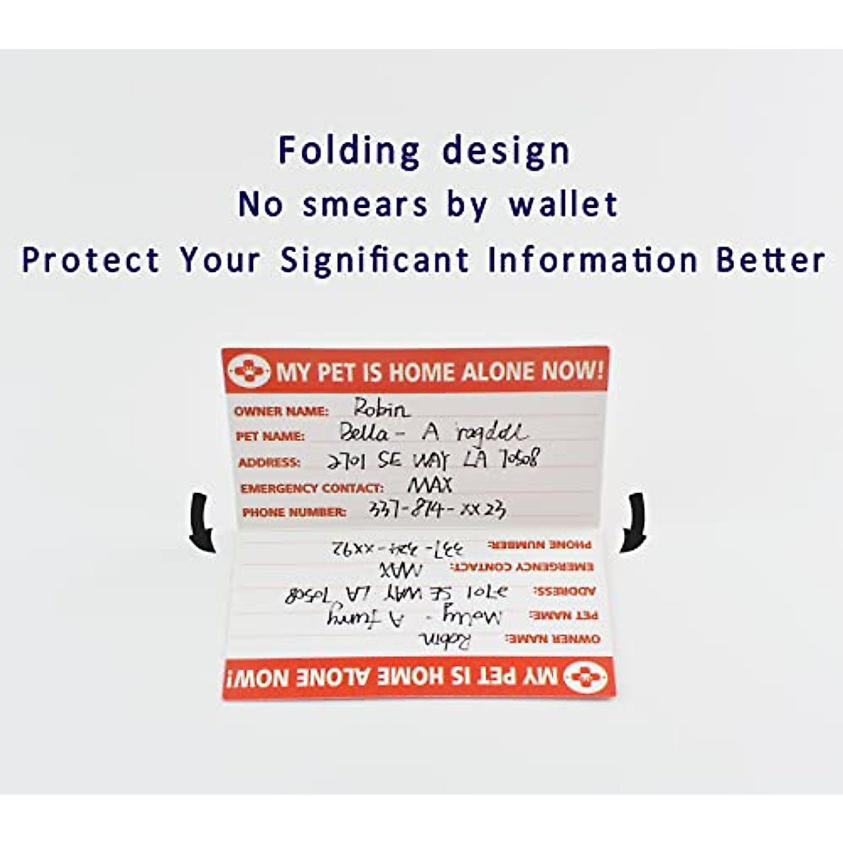 CloceanBrand My Pets, Dogs & Cats are Home Alone Alert Key Tag Keychain Emergency Contact Wallet Card Folded - 2 Writable Back Sides