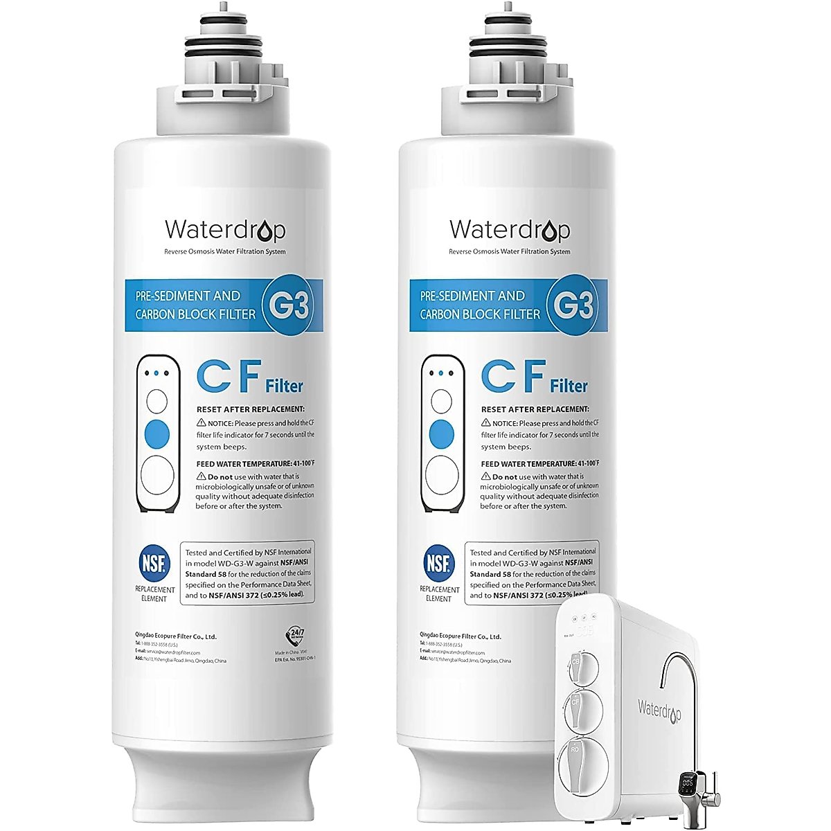 Waterdrop WD-G3-CF Filter, Replacement for WD-G3-W, WD-G3P600 and WD-G3P800-W Reverse Osmosis System, 6-month Lifetime, 2-Pack
